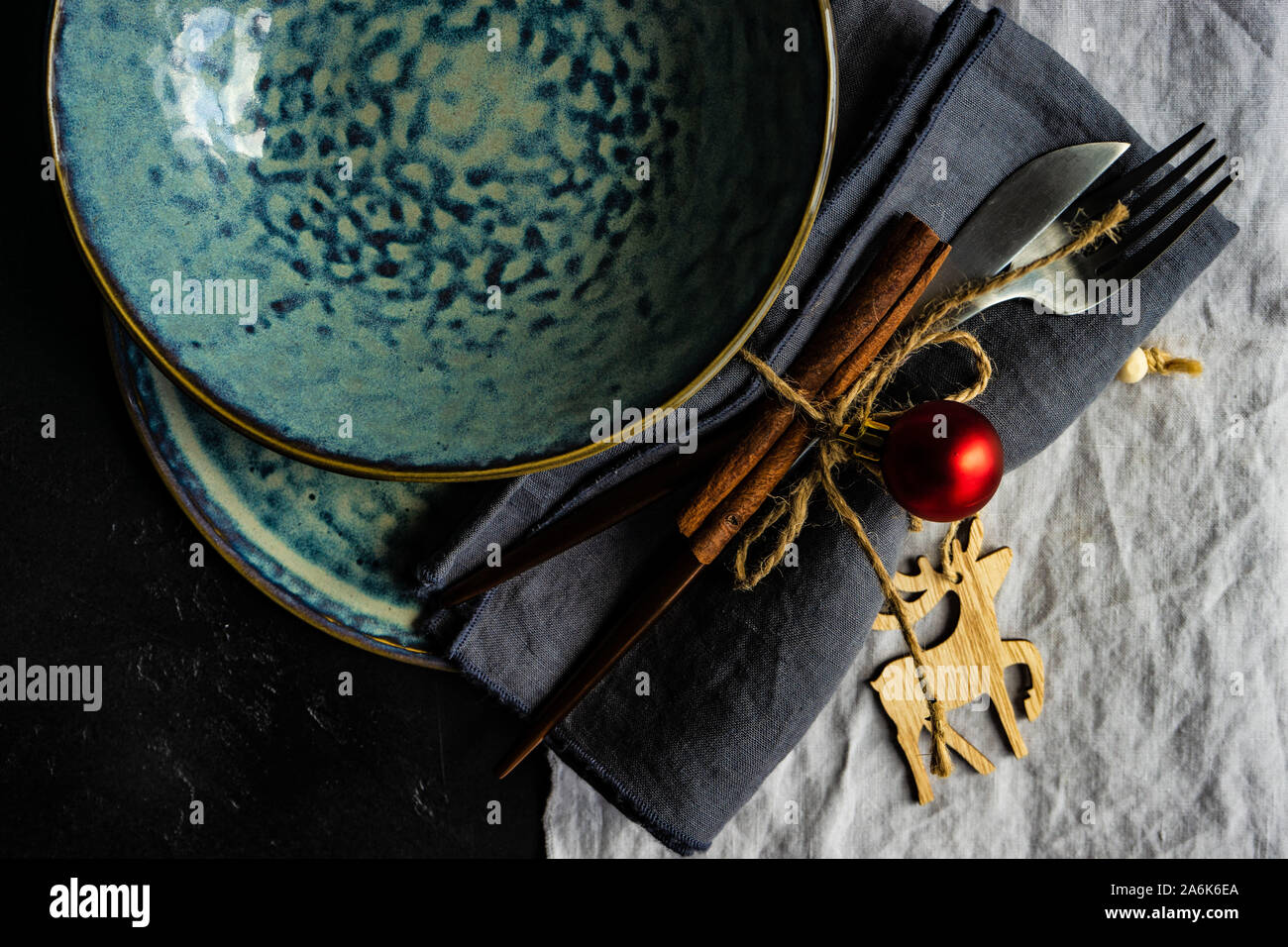 Christmas table setting for holiday dinner on rustic background Stock ...