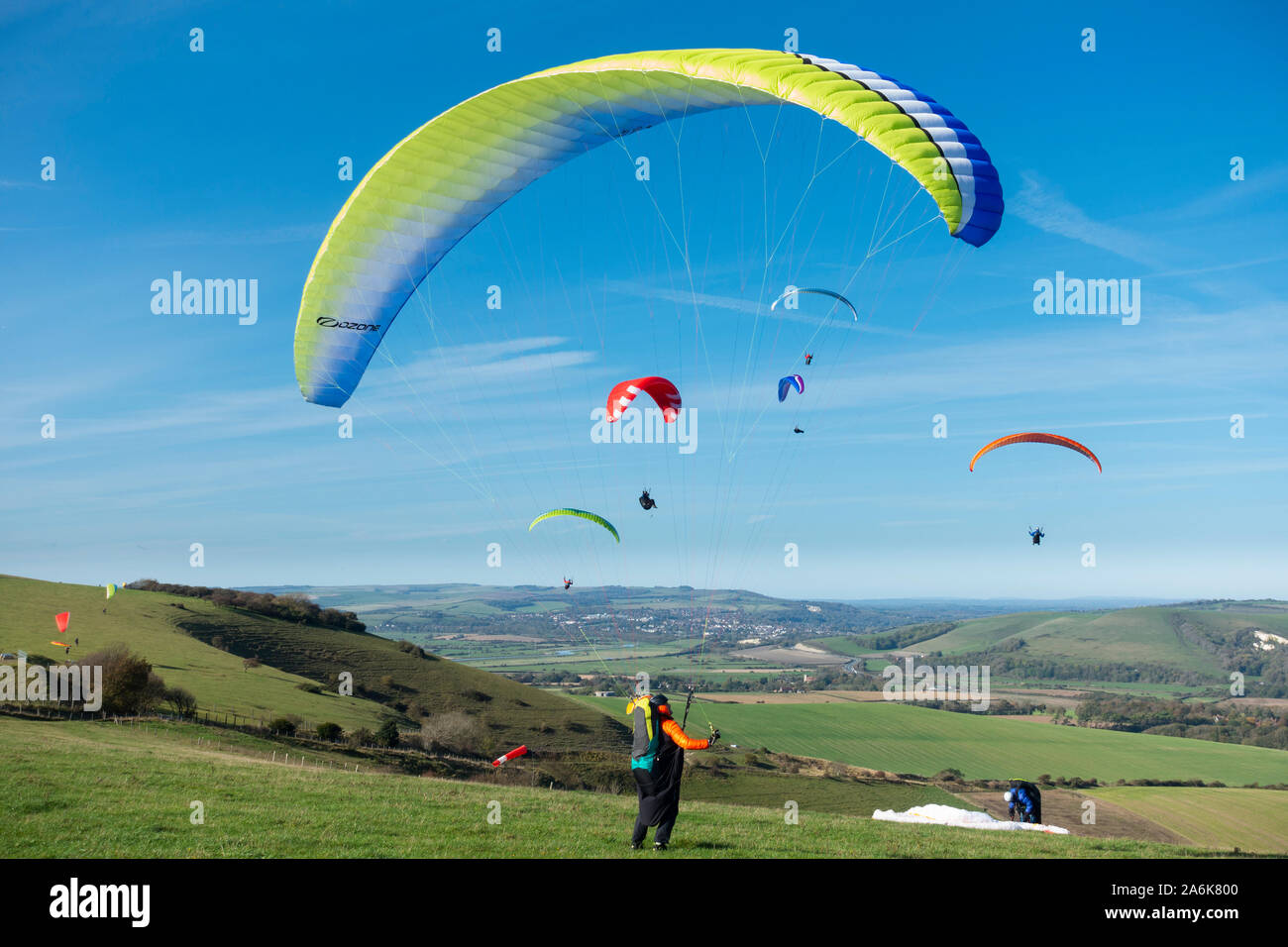 Paragliding on the South Downs near Lewes, East Sussex. England, UK ...