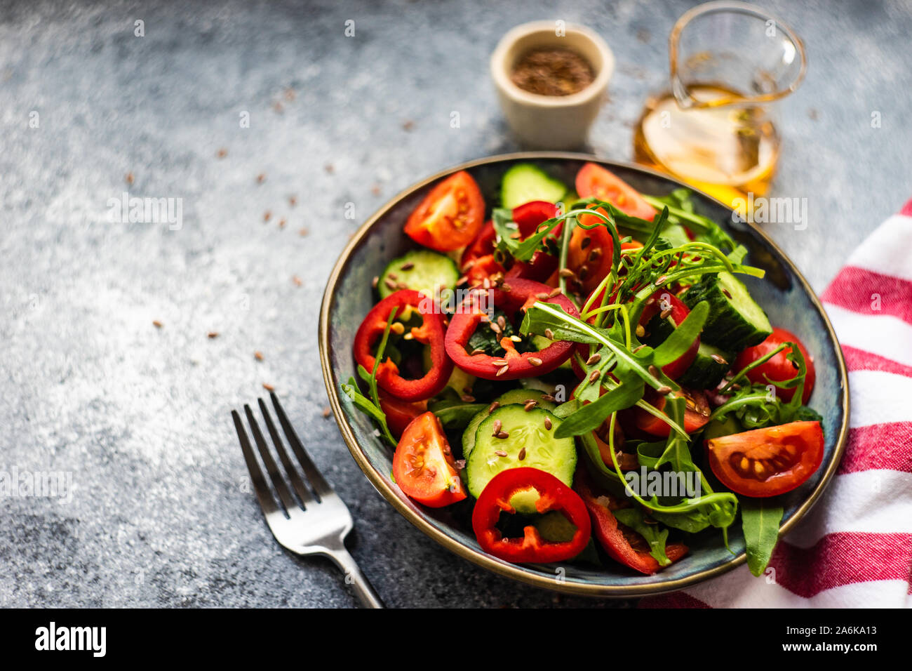 Healthy vegetable salad with organic cucumber, tomatoes, bell pepper ...