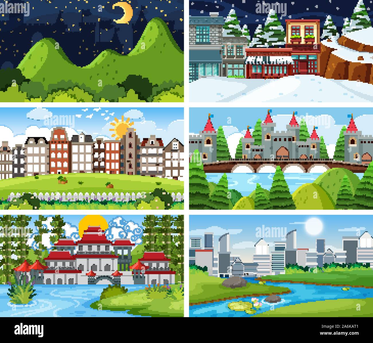 A set of outdoor scene including building illustration Stock Vector ...