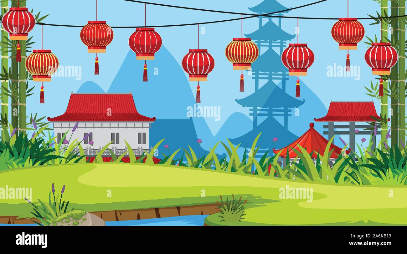 An outdoor scene with Asian building illustration Stock Vector Image ...