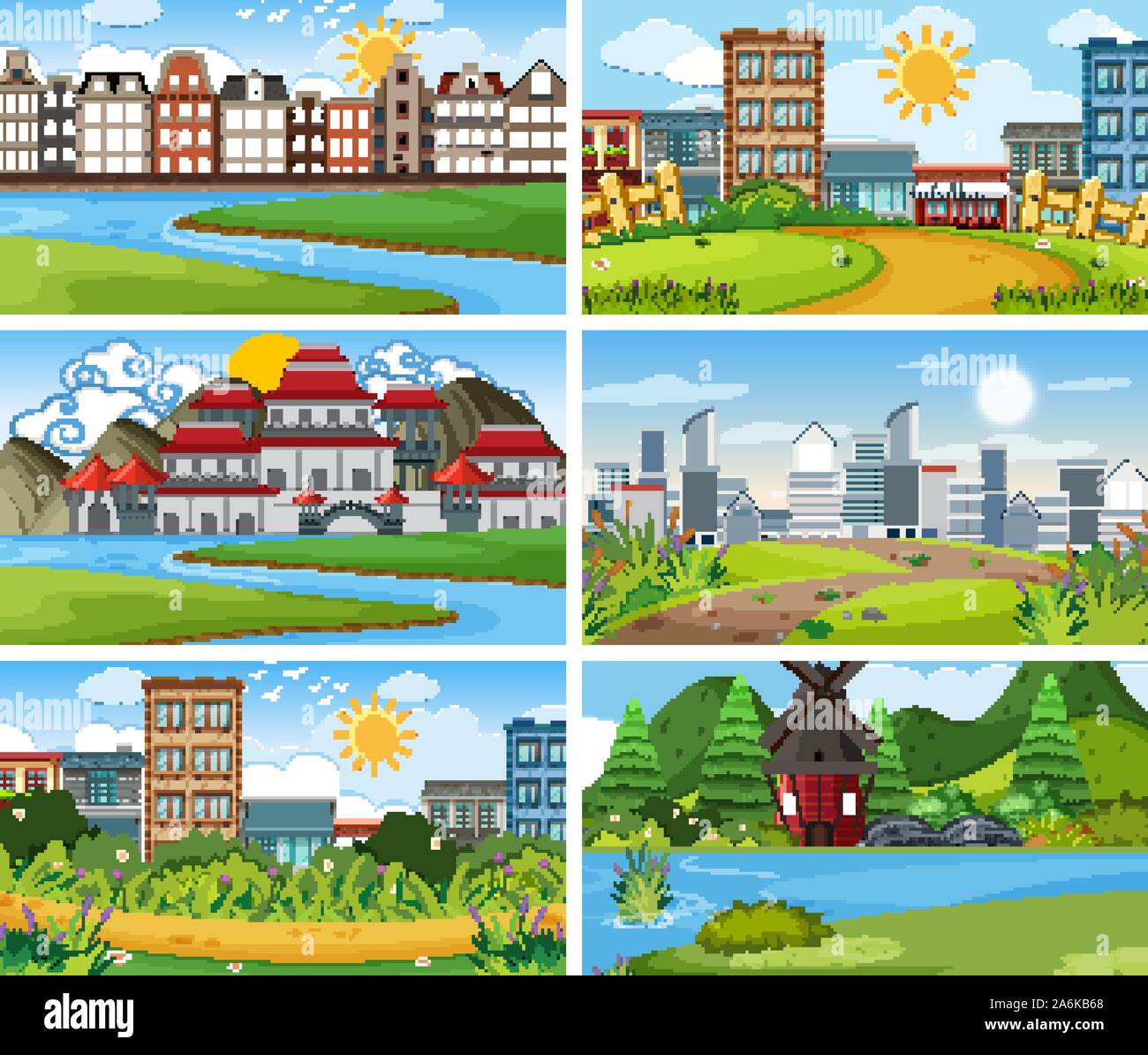 A set of outdoor scene including building illustration Stock Vector ...