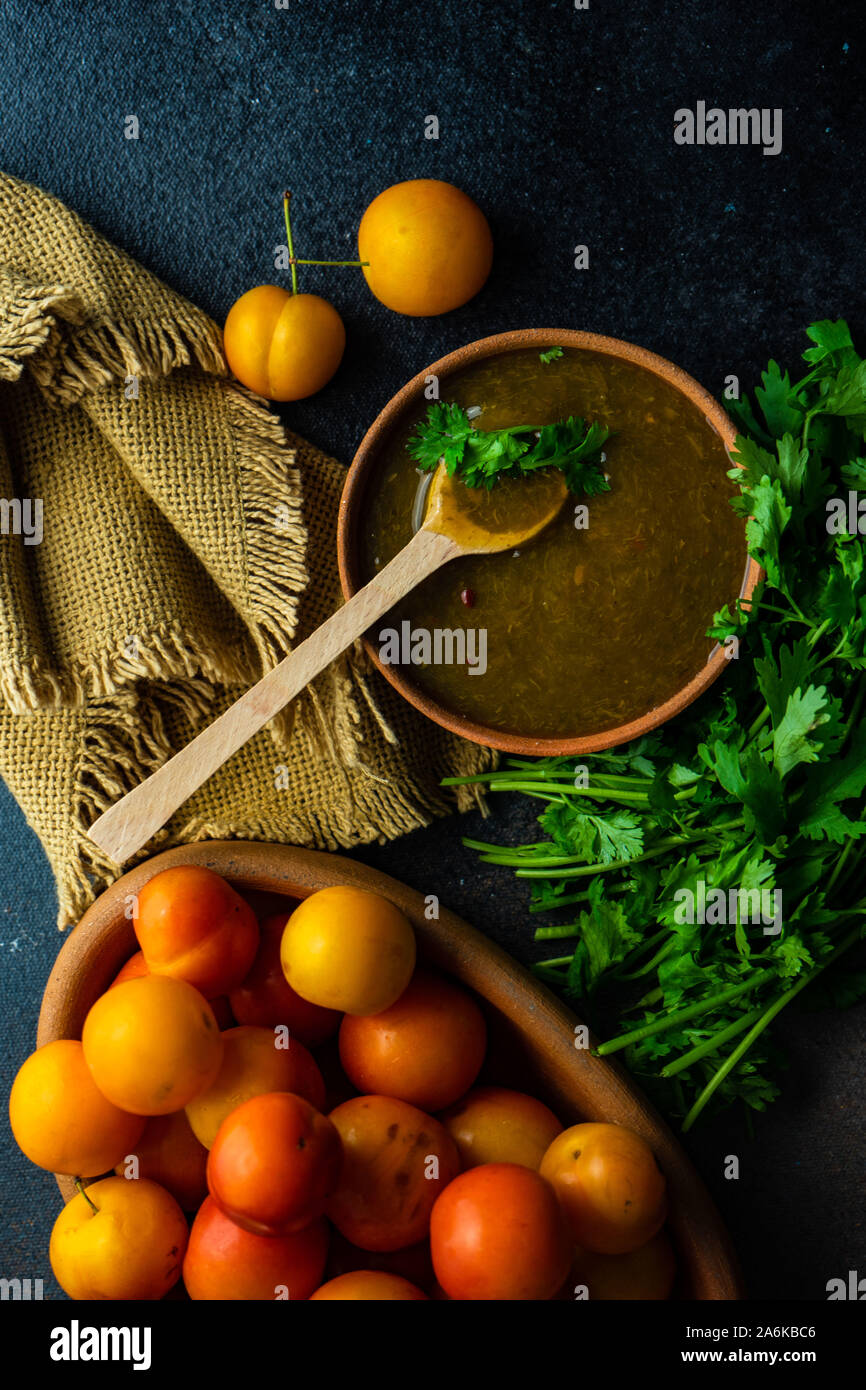 Traditional georgian tkemali sauce with fresh tkemali fruits and ...