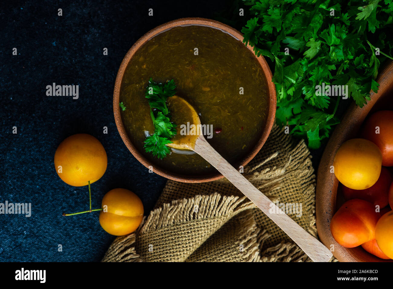Traditional georgian tkemali sauce with fresh tkemali fruits and ...