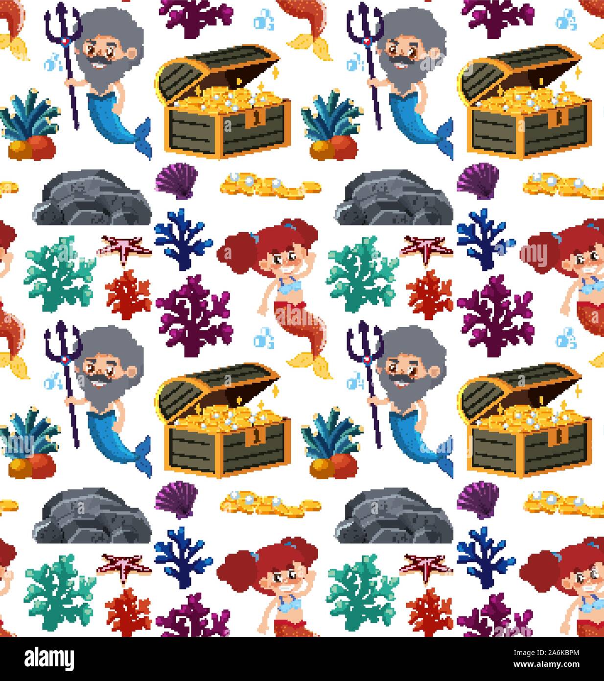 Seamless background design with merman and treassure chest illustration ...