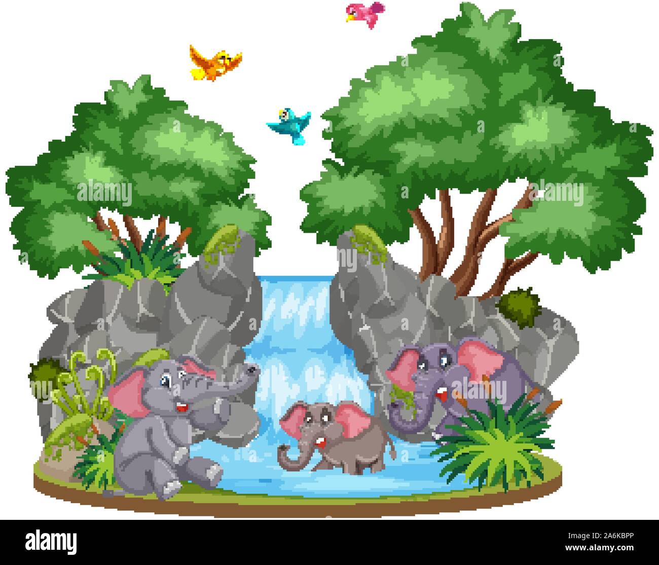 Background scene of elephants at the waterfall illustration Stock ...