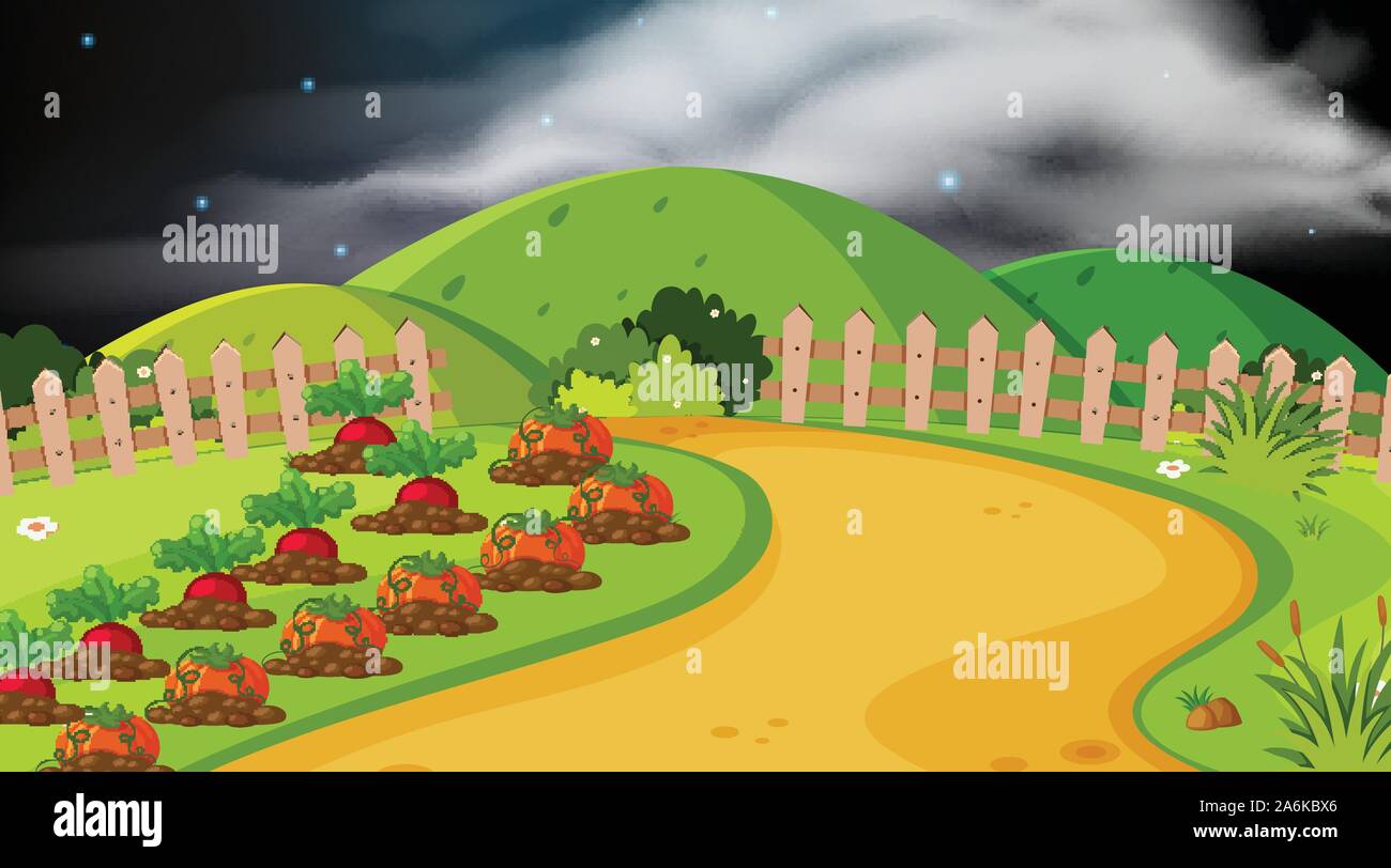 Landscape background design of vegetable garden at night illustration ...