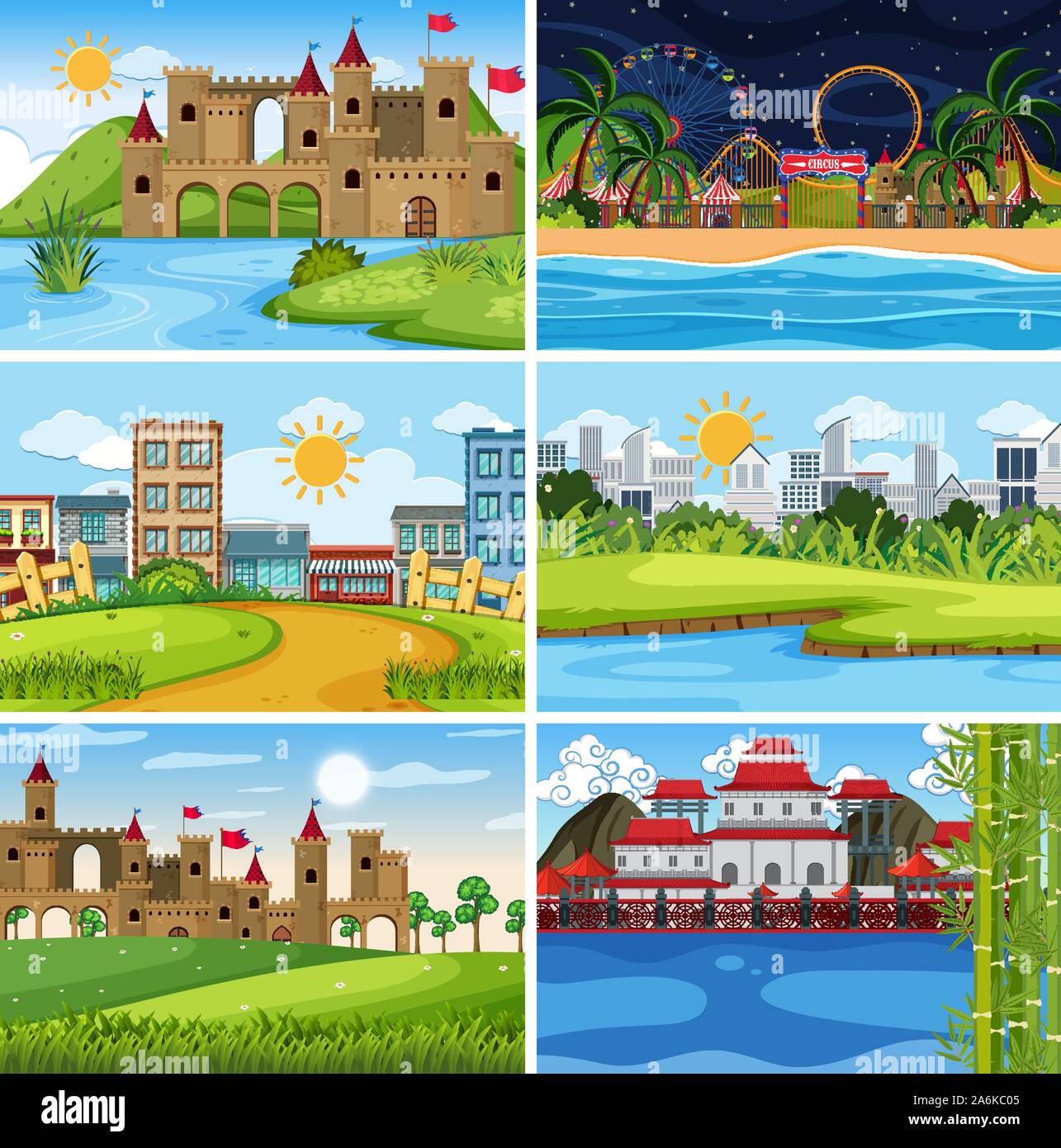 A set of outdoor scene including building illustration Stock Vector ...