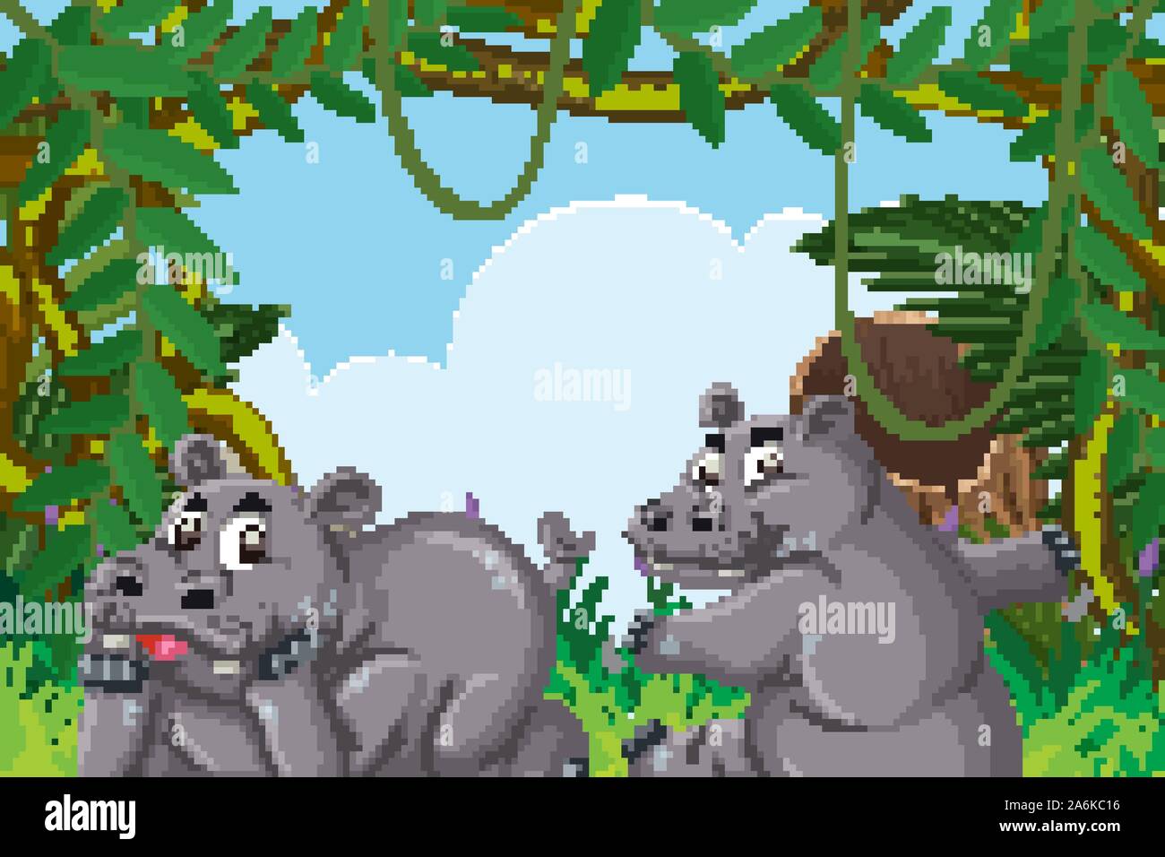 Cute hippos in jungle scene illustration Stock Vector Image & Art - Alamy