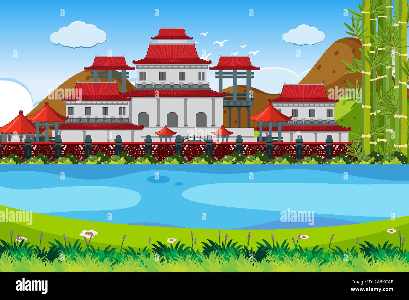 An outdoor scene with Asian building illustration Stock Vector Image ...