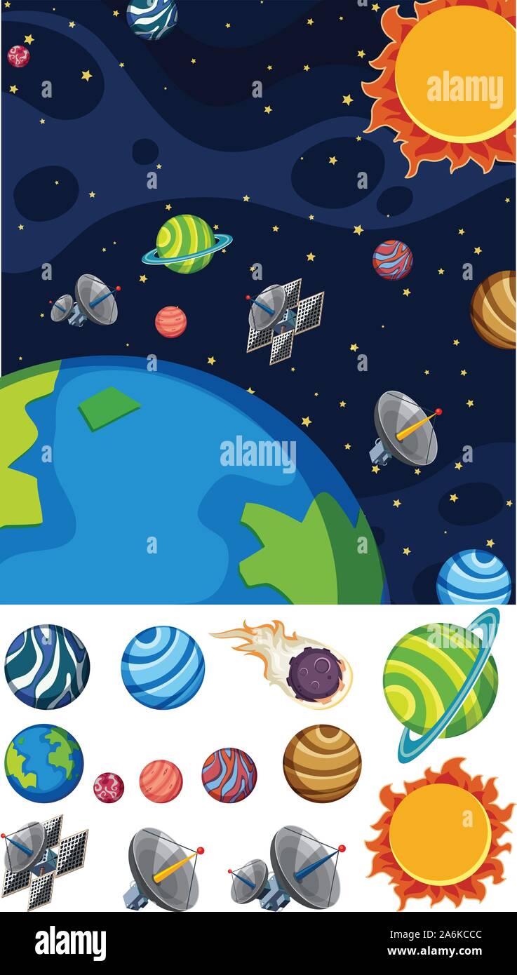 Background design with planets and sun in space illustration Stock ...