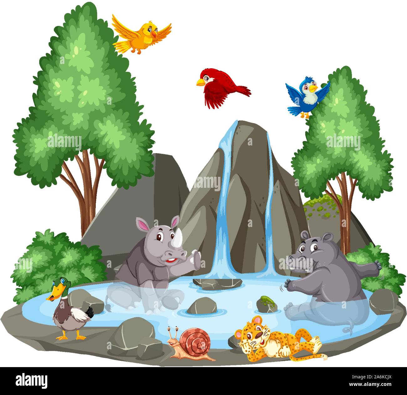 Background scene of wild animals by the waterfall illustration Stock ...