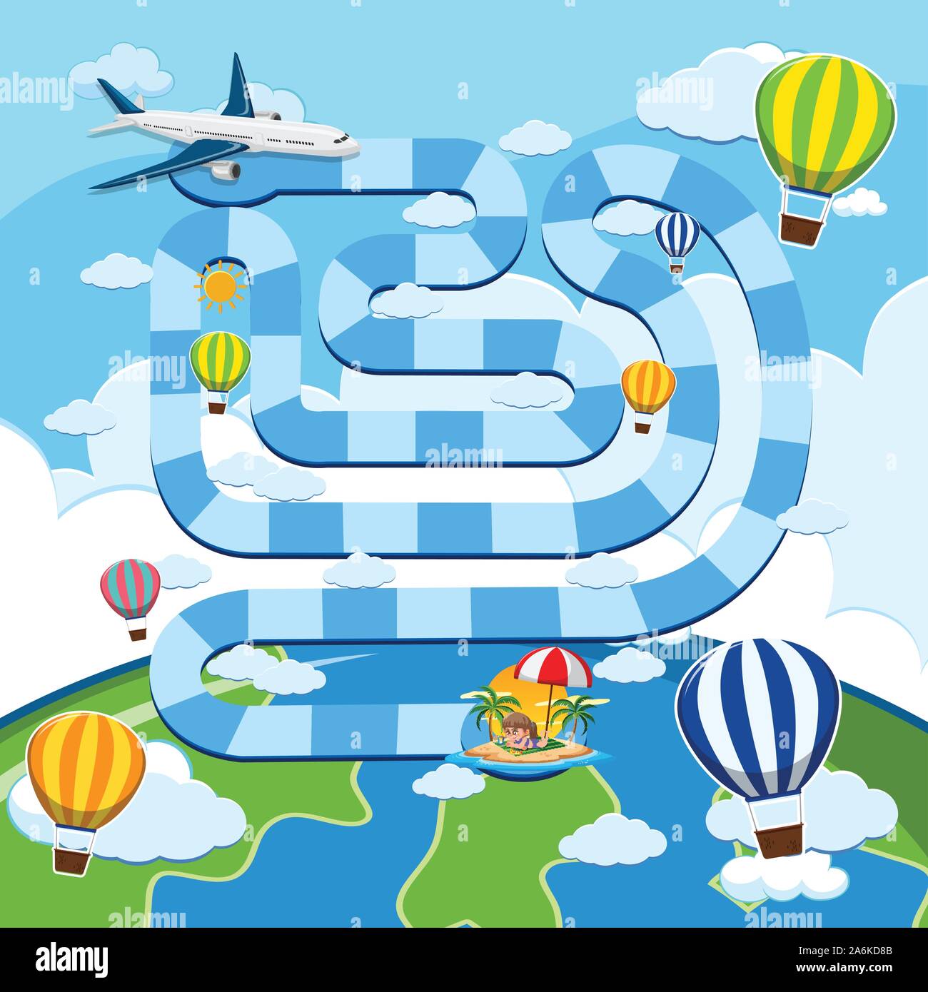 Game template with airplane and ballons in sky illustration Stock ...