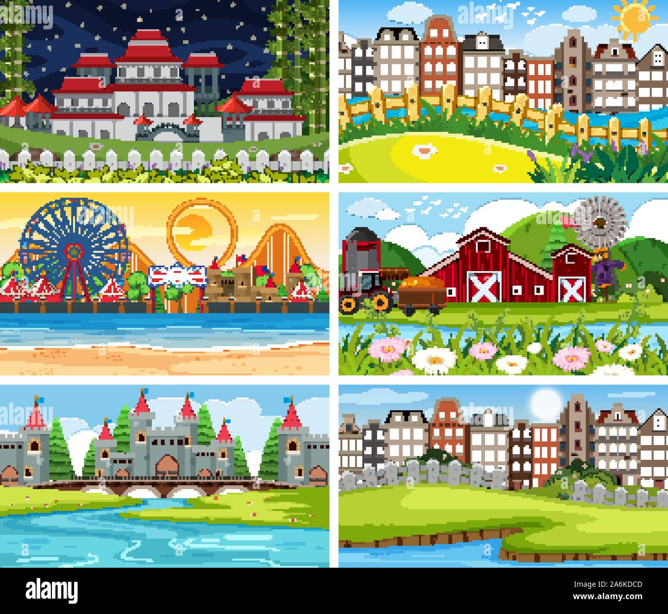 A set of outdoor scene including building illustration Stock Vector ...