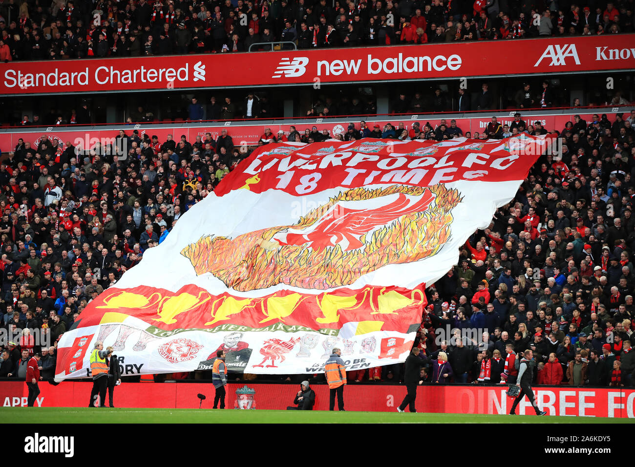 Liverpool fans hold up a banner during the Premier League match at ...