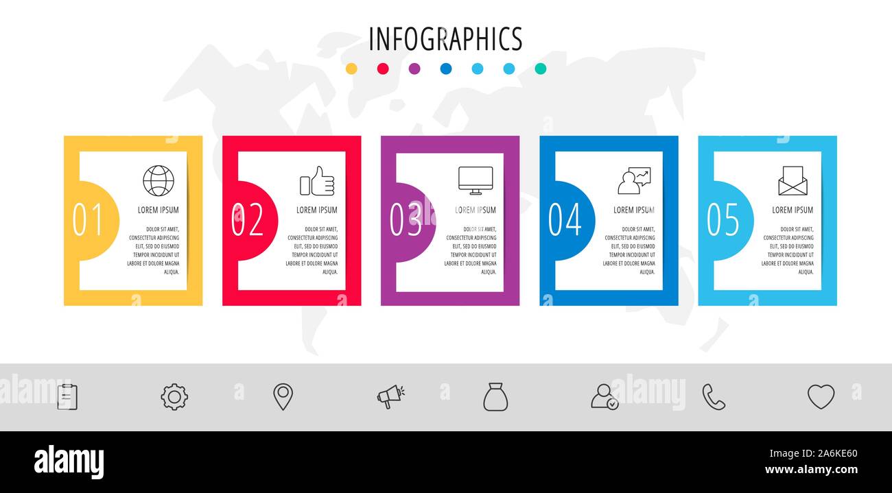 Vector infographic flat template. Rectangles for five diagrams, graph, flowchart, timeline ...