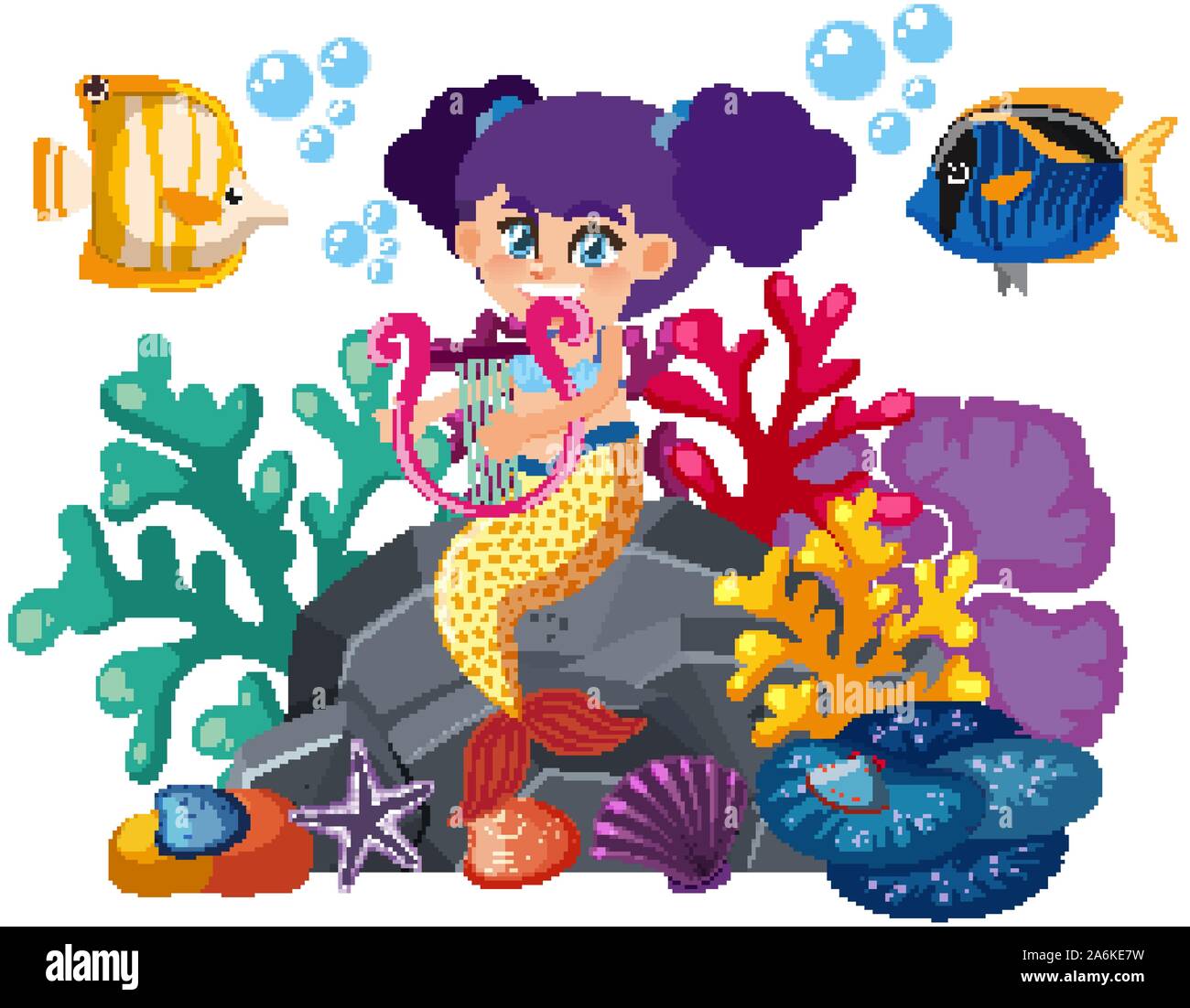 Single character of mermaid and fish on white background illustration ...