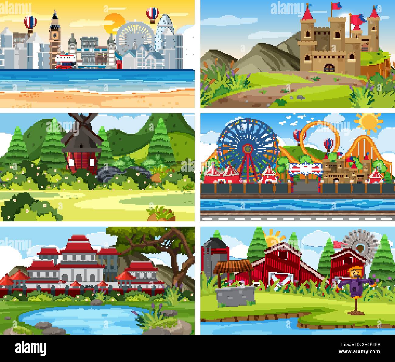 A set of outdoor scene including building illustration Stock Vector ...