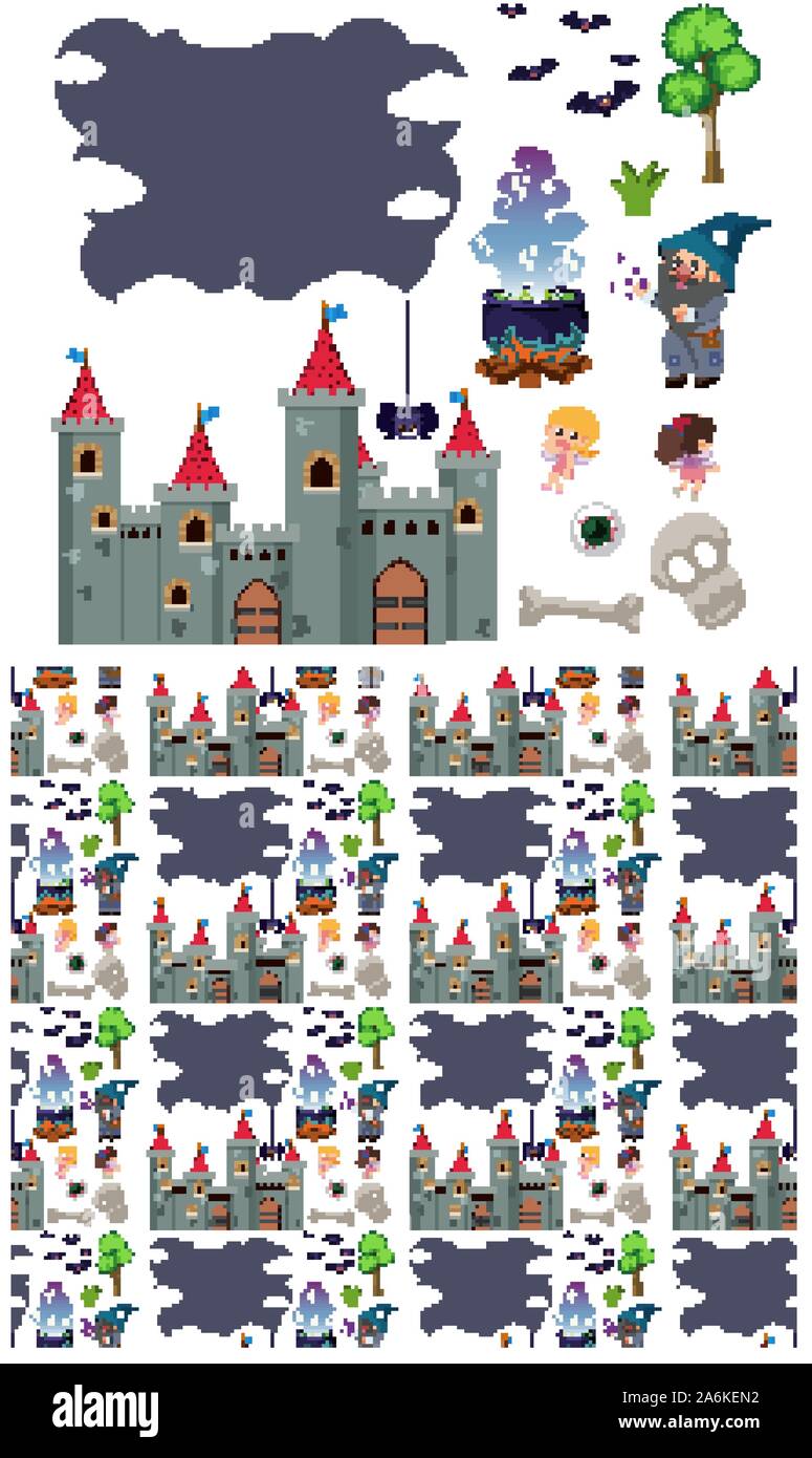 Seamless background design with wizard and castle illustration Stock ...