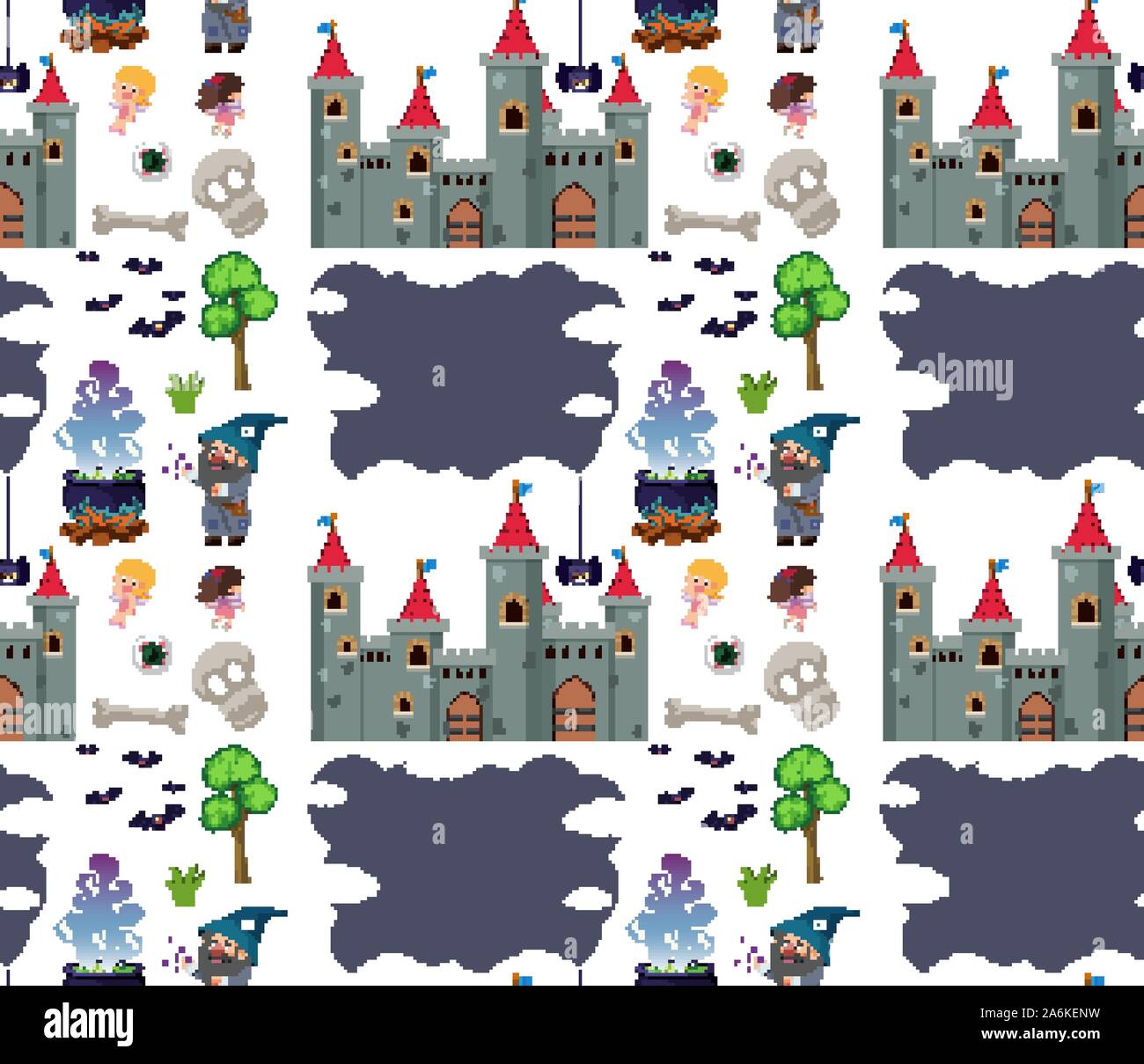 Seamless background design with castle and wizard illustration Stock ...