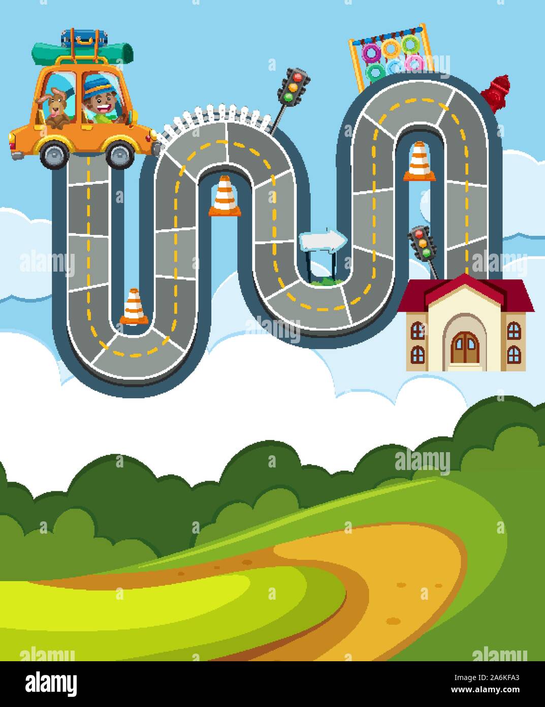 Boardgame design template with family trip on road illustration Stock ...