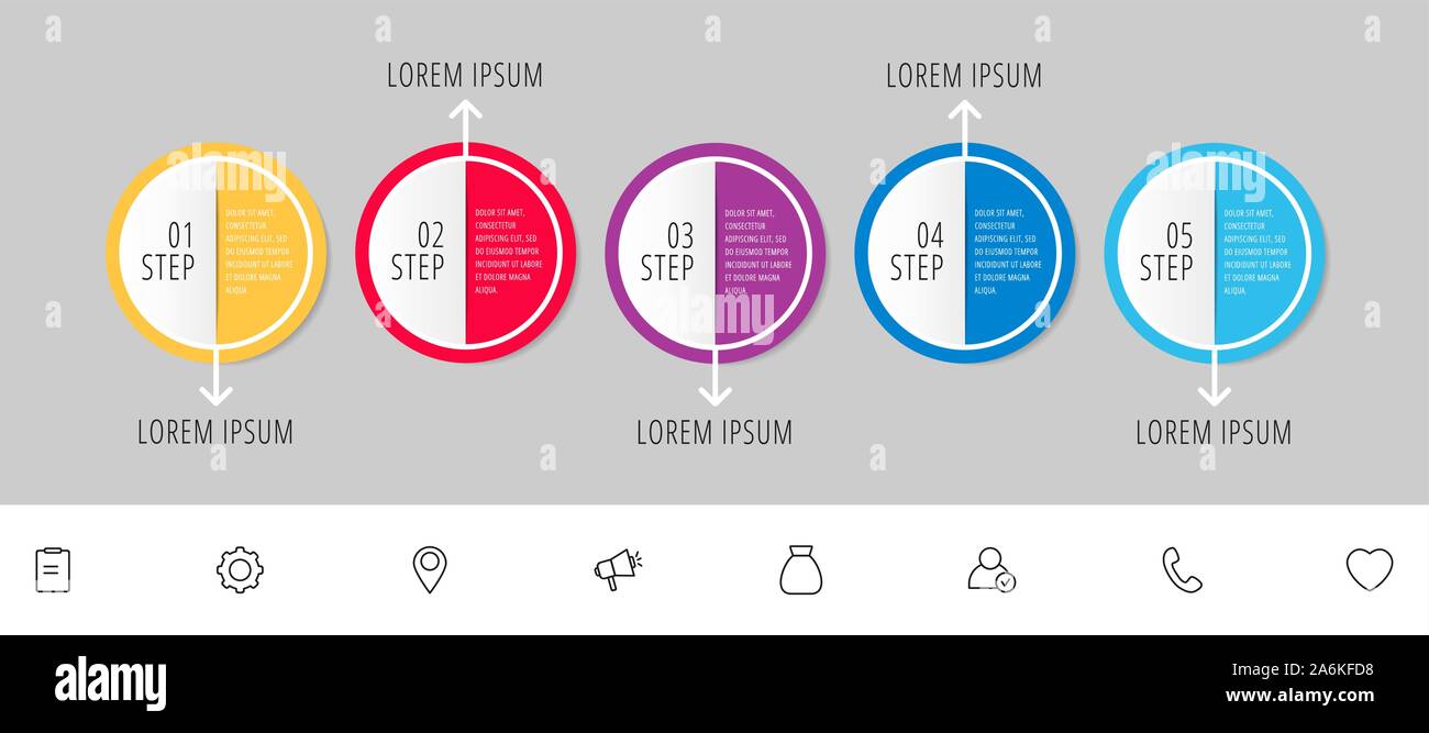 Vector infographic flat template. Circles with arrow for five diagrams, graph, flowchart ...