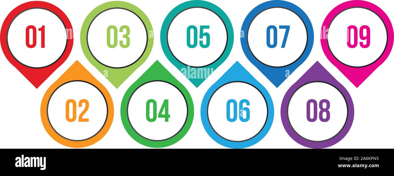 Horizontal colorful Infographic with location marker or map pins. 9 ...