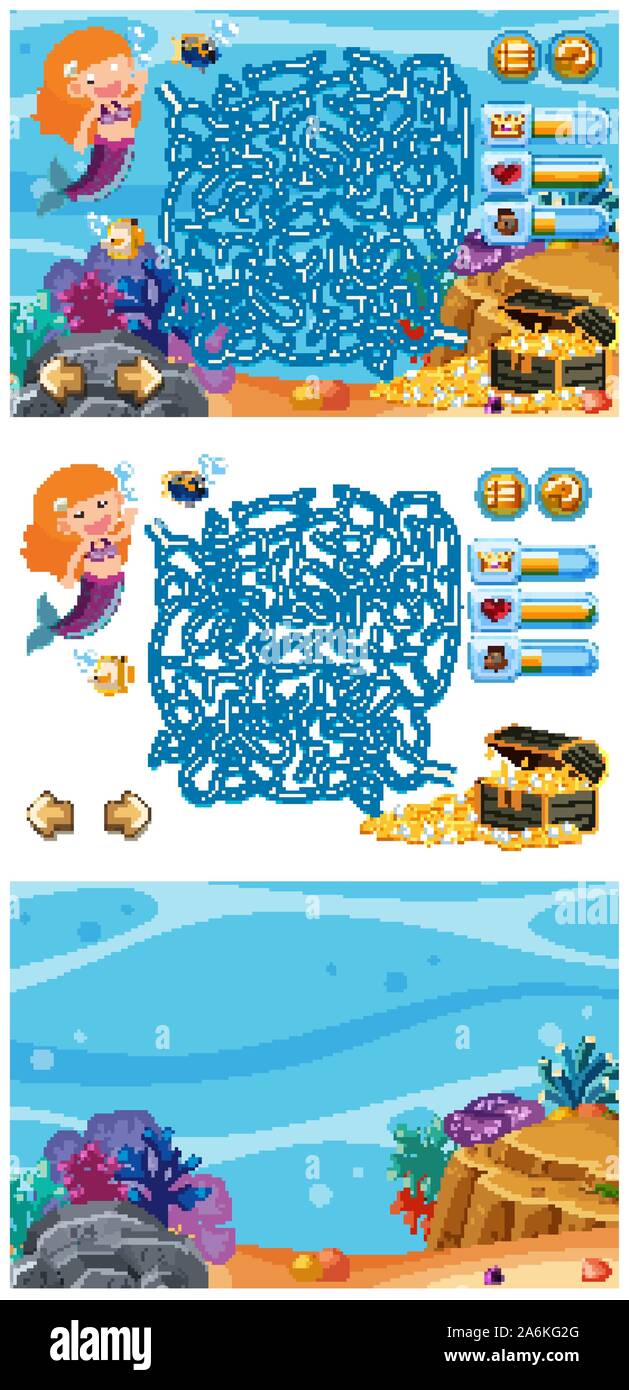 Set of game backgrounds with mermaid and fish underwater illustration ...