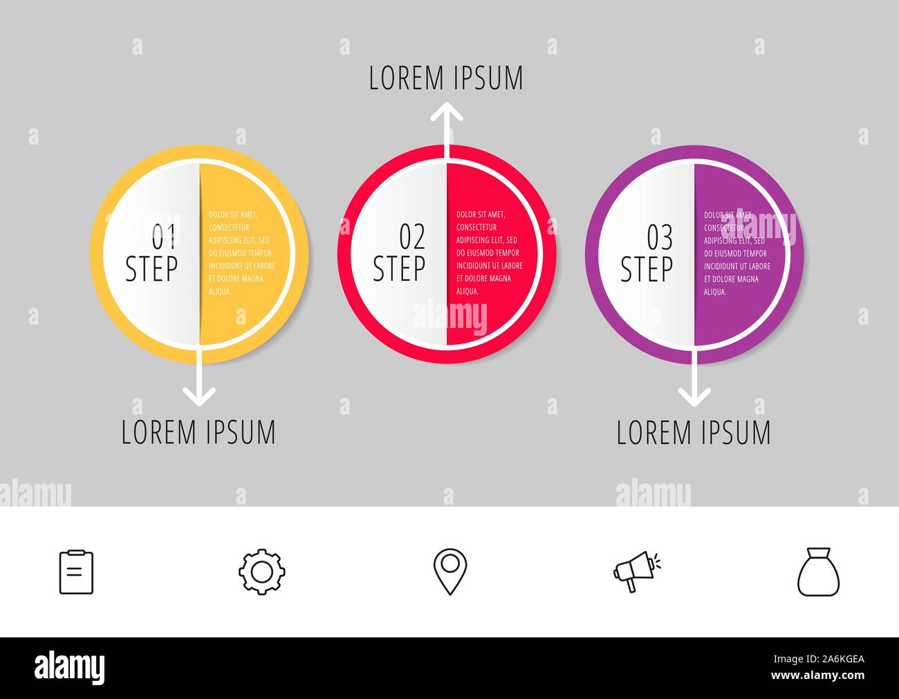 Vector infographic flat template. Circles with arrow for three diagrams, graph, flowchart ...
