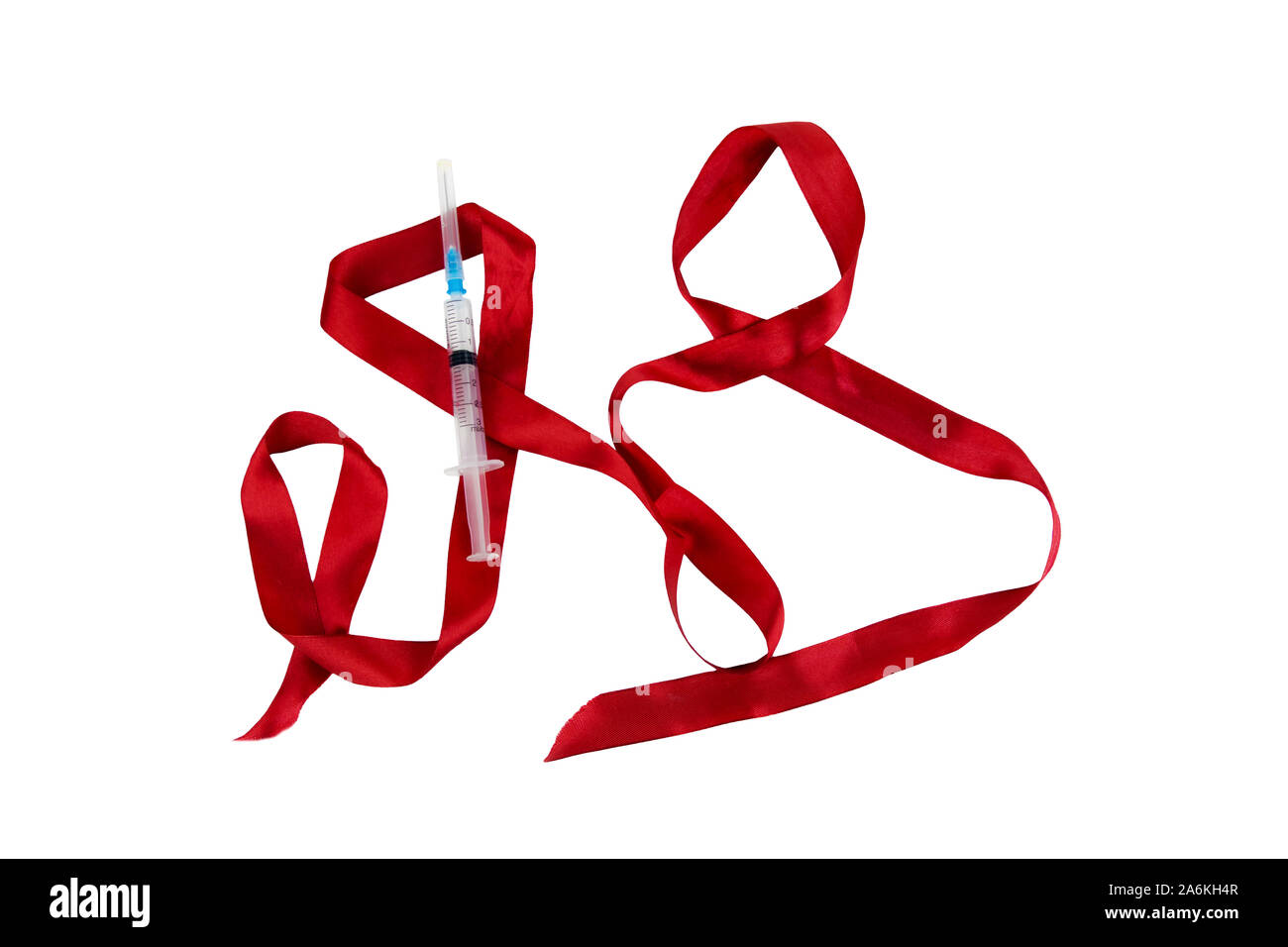 Red ribbon with a medical syringe on a white background Stock Photo - Alamy
