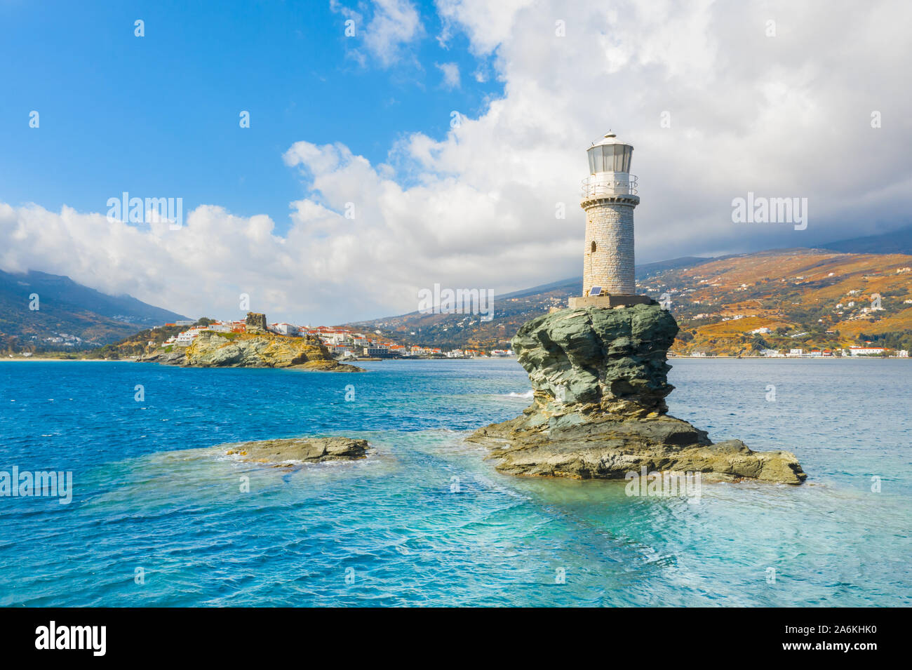 The beautiful Lighthouse Tourlitis of Chora in Andros island, Greece ...
