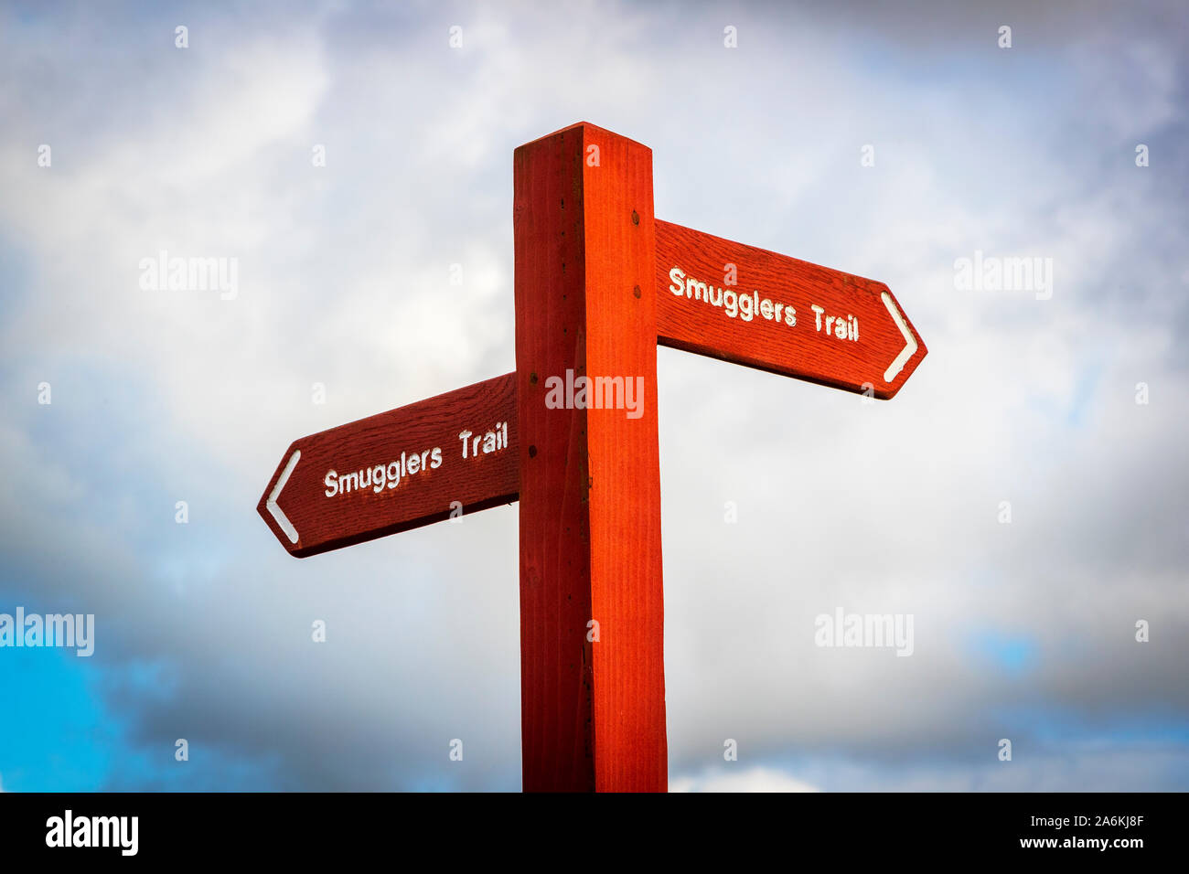 Wooden sign stating "Smugglers Trail" outskirts of Troon, Ayrshire ...
