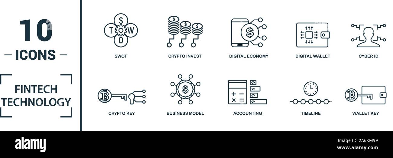 Fintech Technology icon set. Include creative elements basic income, bitcoin technology, online ...
