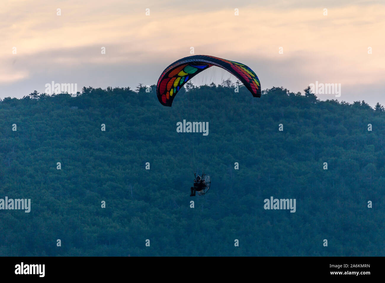 Motor powered paraglide parachute on beautiful sky background Stock ...