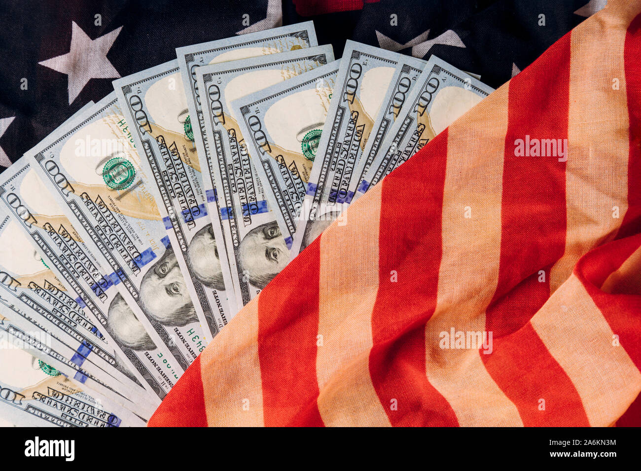 American flag and banknotes 100 USA dollar bill in the USA financial ...