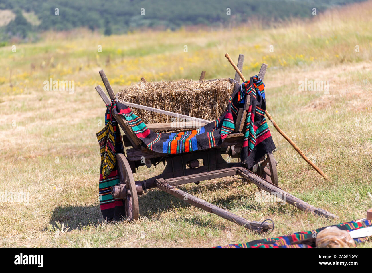 Retro carriage covered with traditional bulgarian rug with mountains in ...