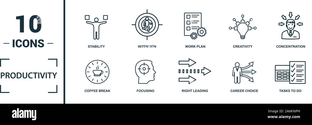 Productivity icon set. Include creative elements skill, time management ...