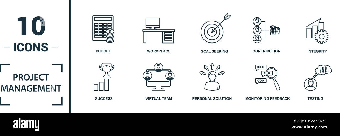 Project Management icon set. Include creative elements goal seeking ...