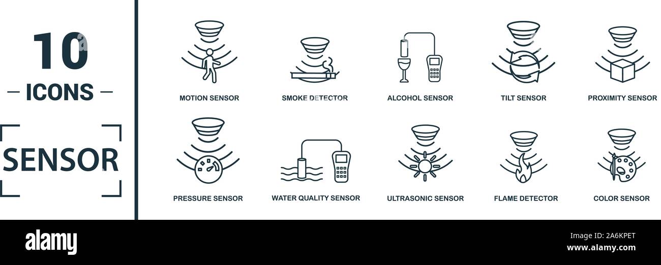 Sensor icon set. Include creative elements water quality sensor, smoke ...