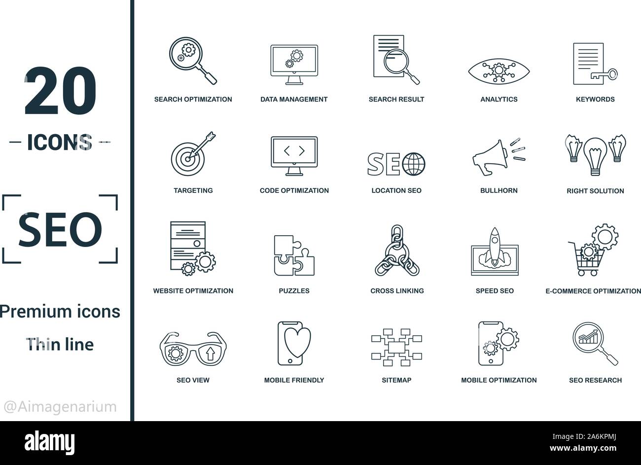 Seo icon set. Include creative elements search optimization, search ...