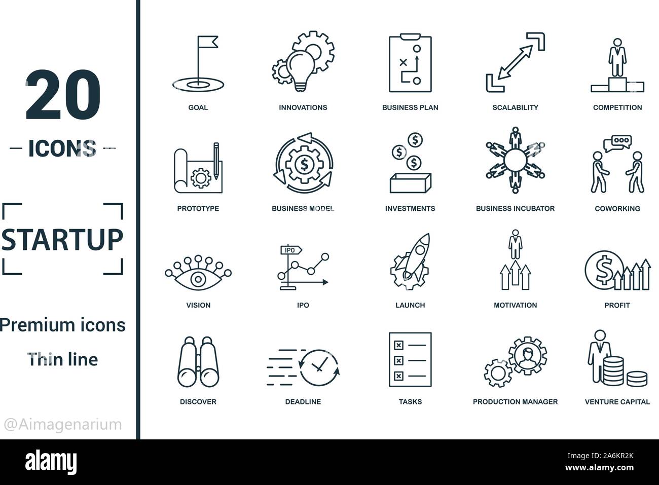Startup icon set. Include creative elements goal, business plan, prototype, business incubator ...