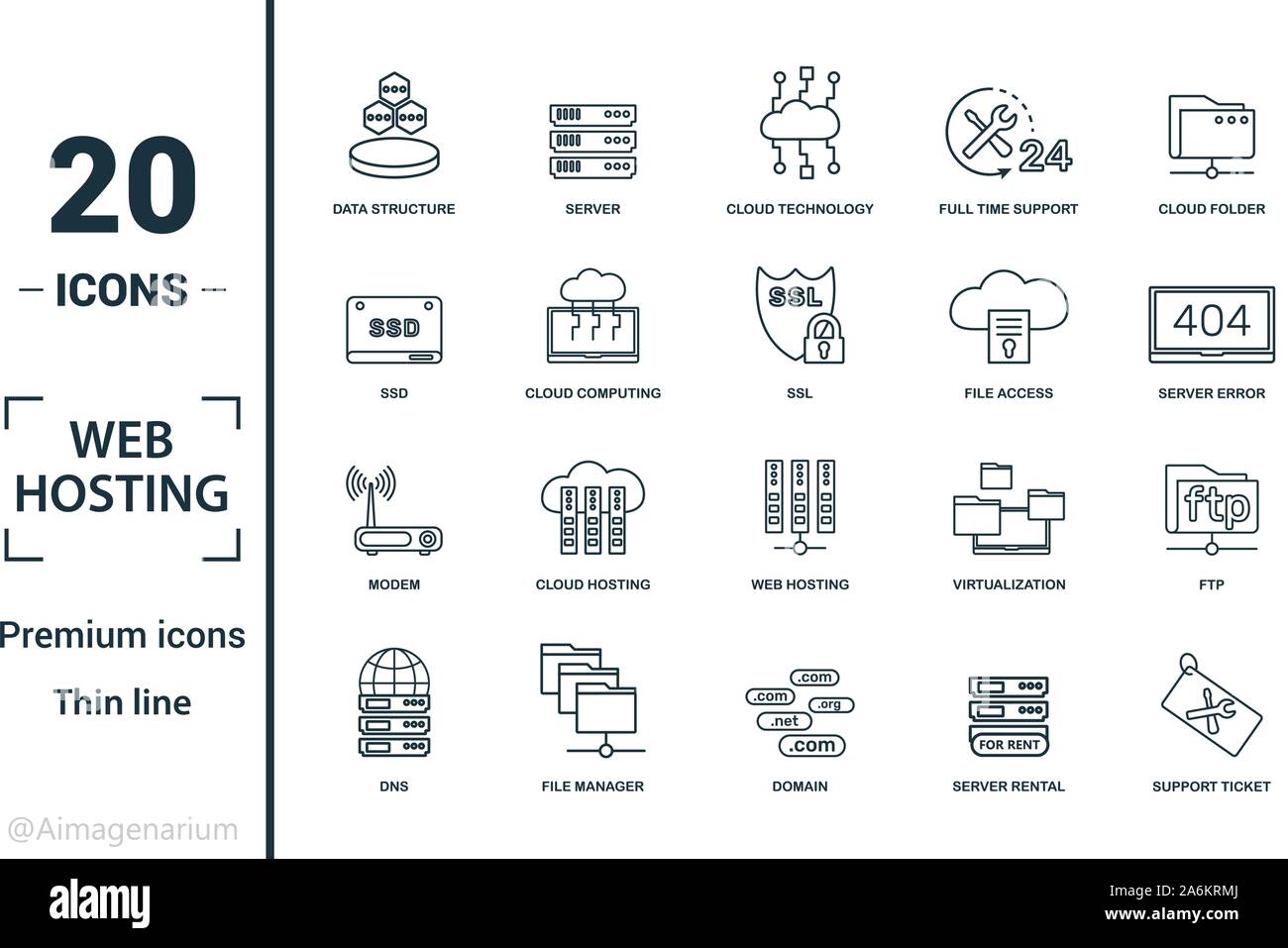 Web Hosting icon set. Include creative elements data structure, cloud technology, ssd, file ...