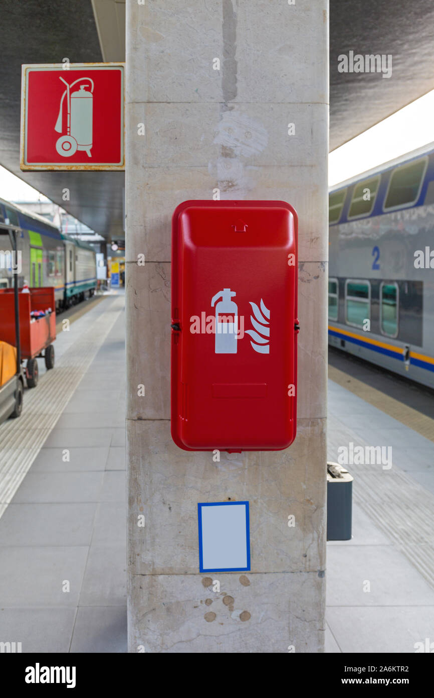 Fire Extinguisher in Box at Train Station Platform Stock Photo - Alamy