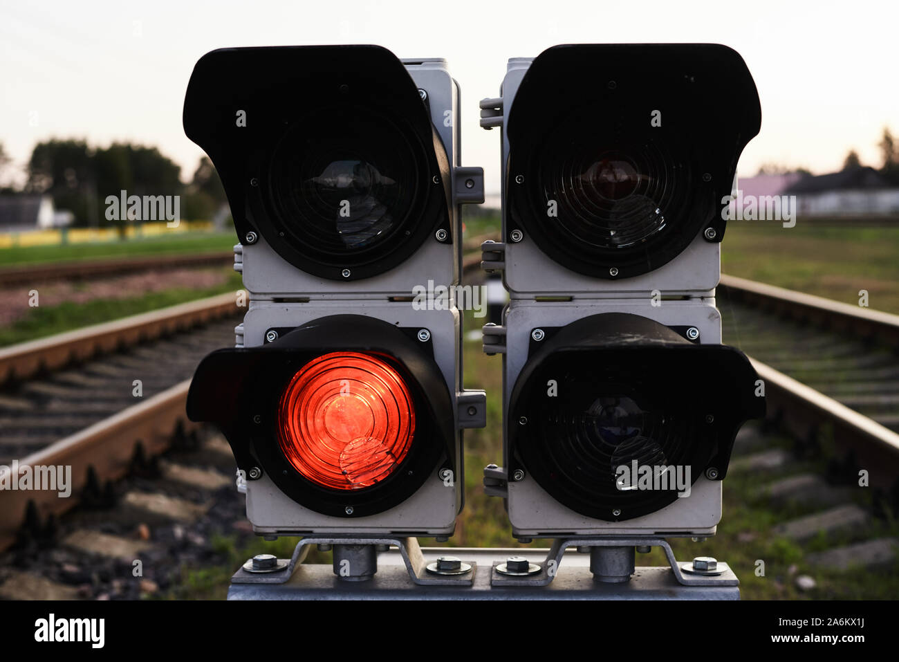 Traffic light show red signal on railway, close up Stock Photo - Alamy