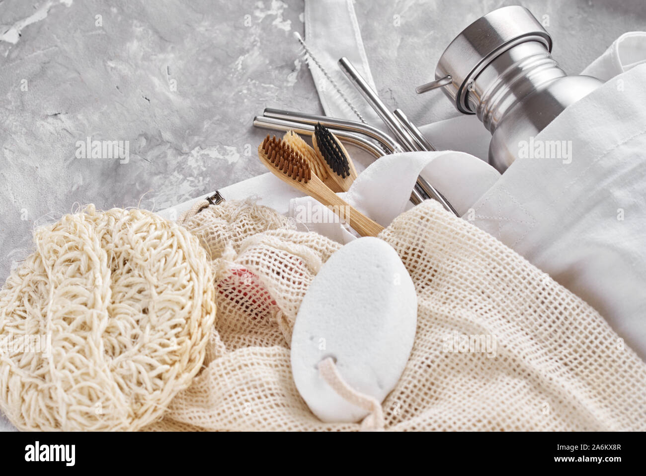 Zero waste concept. Eco friendly reusable items in natural shopping bag ...