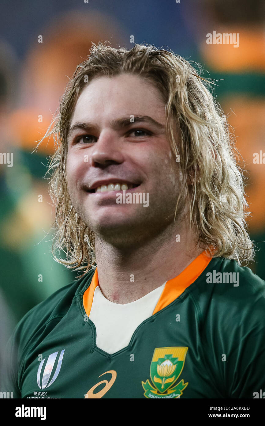 Kanagawa, Japan. 27th Oct, 2019. Faf de Klerk of South Africa reacts ...