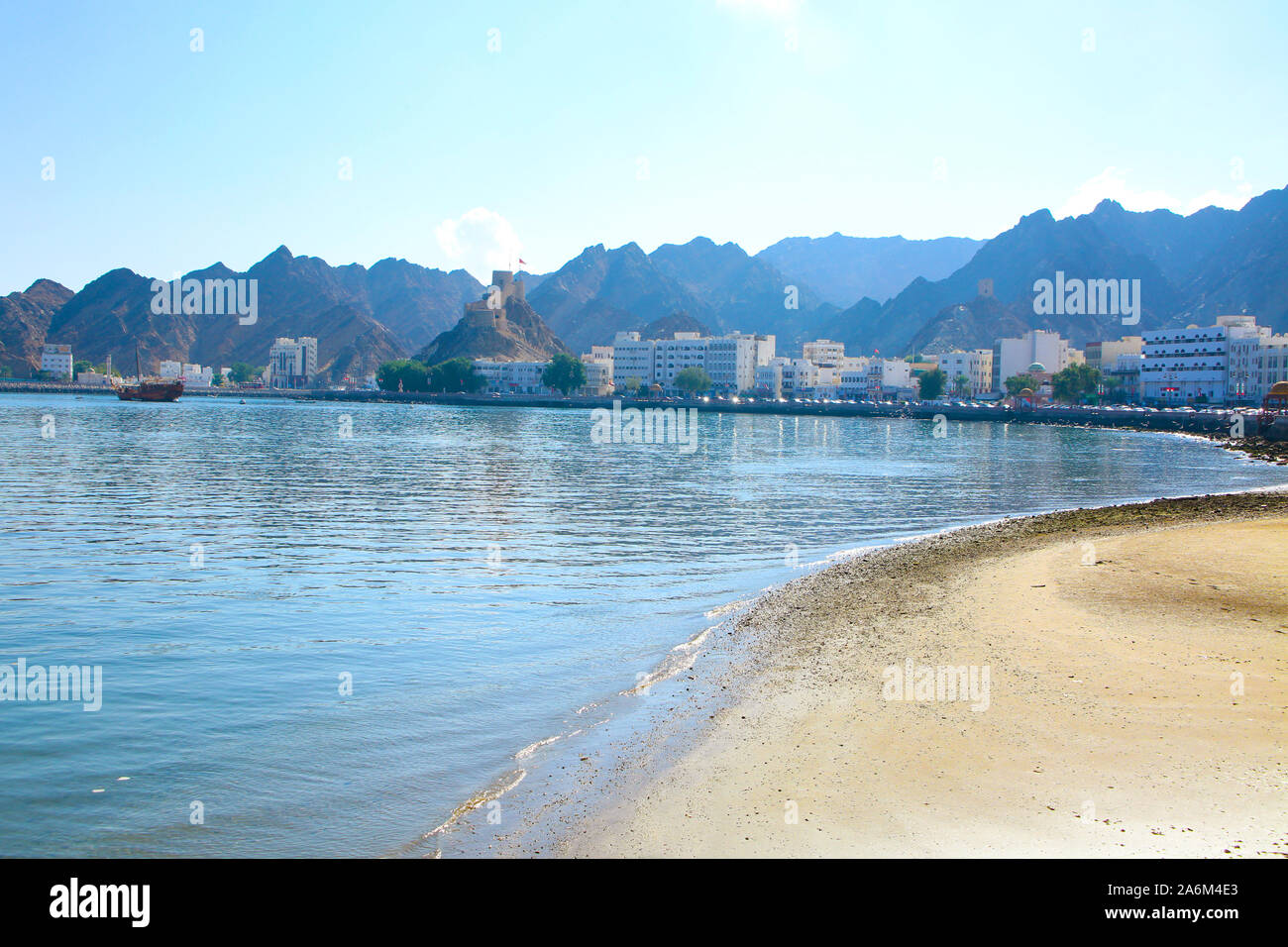Waterfront of the city of Muscat, Oman, with buildings in the ...