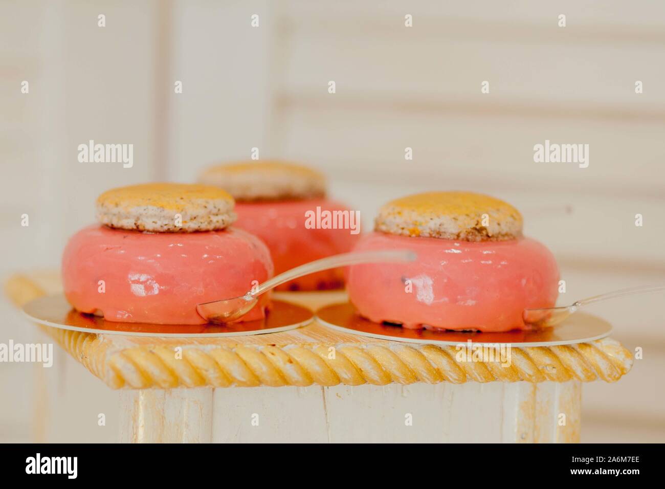 Desserts with fruits, mousse, biscuits. Different types of sweet ...