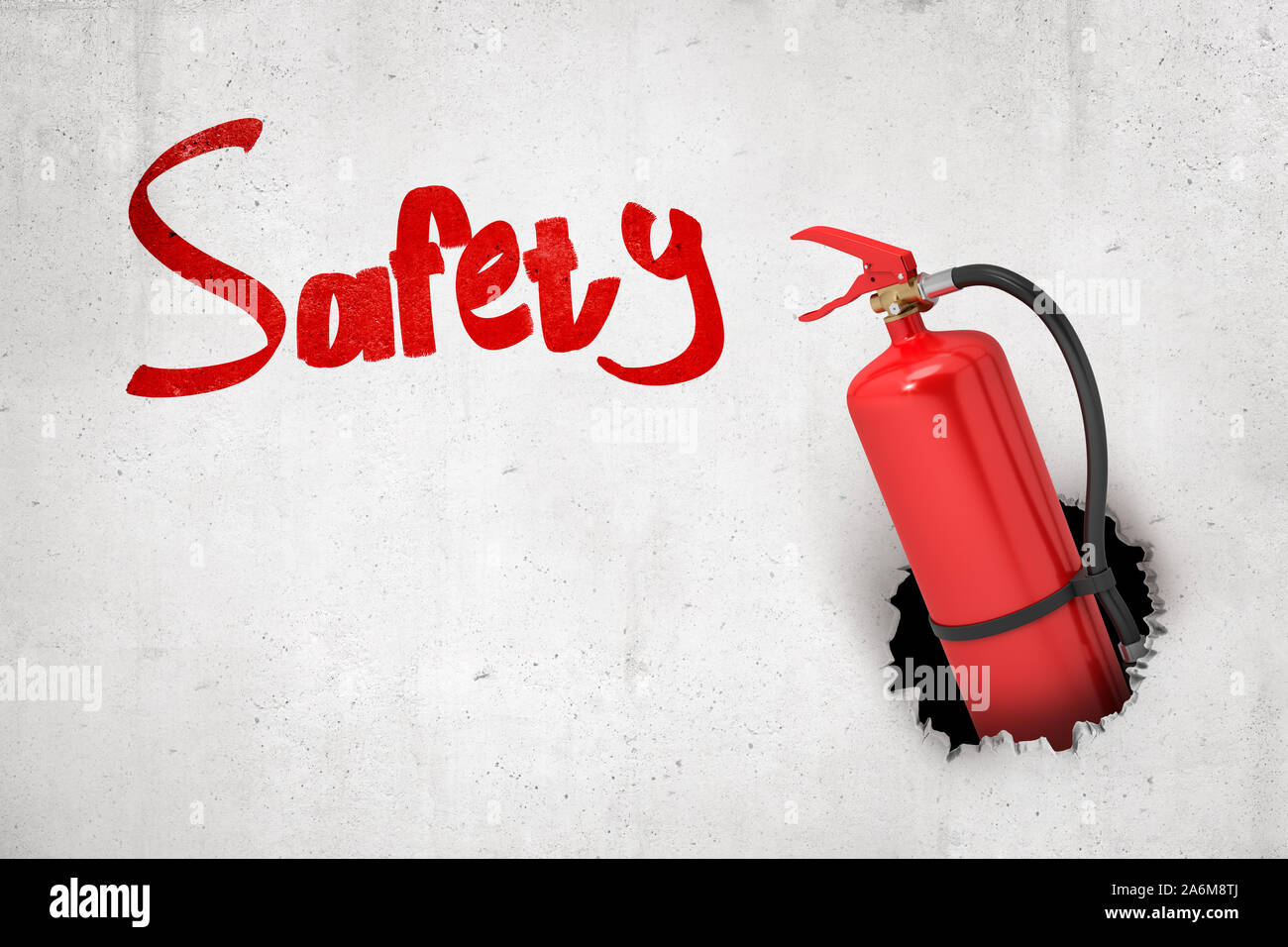 3d rendering of red fire extinguisher breaking white wall with red ...