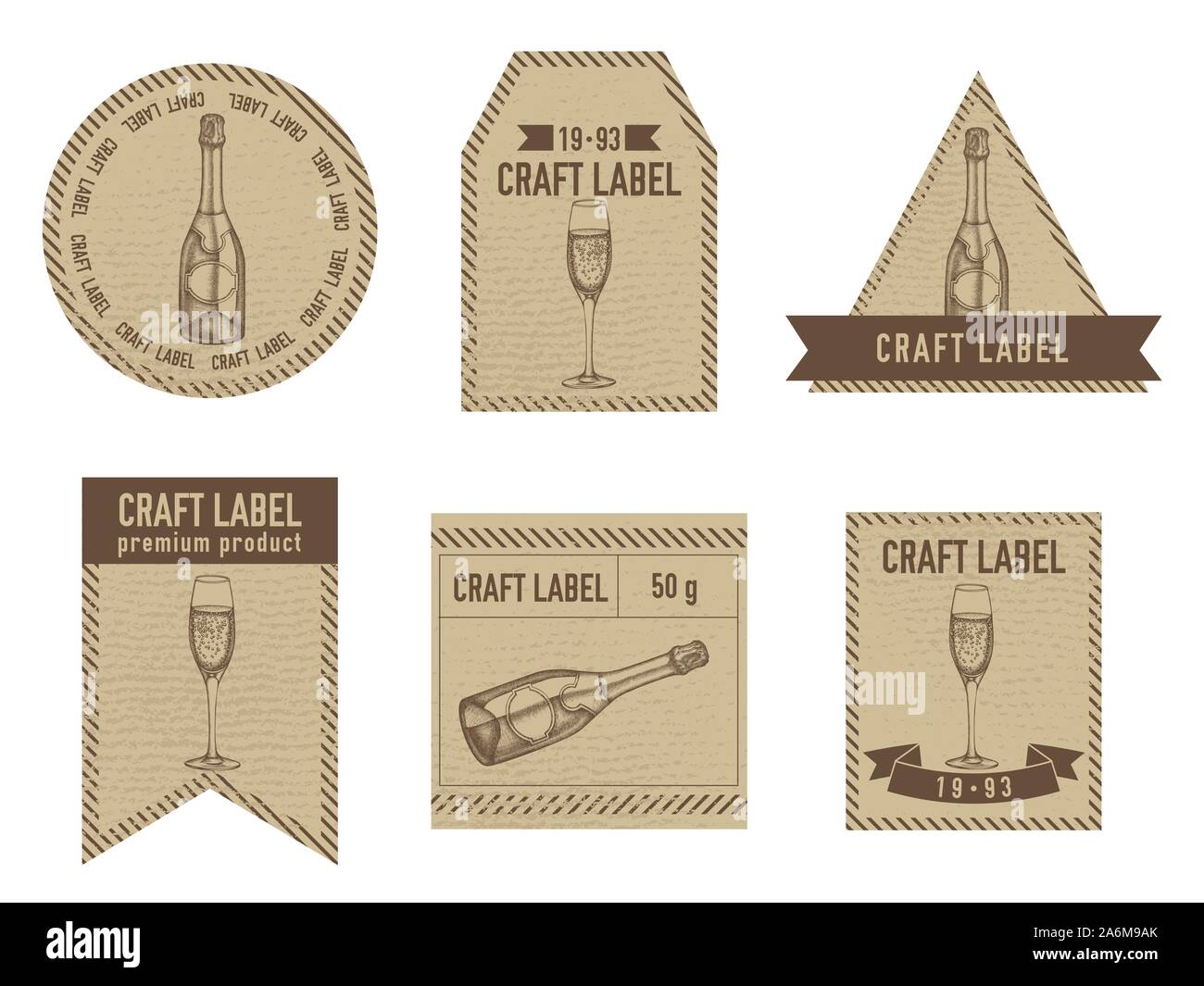 Craft labels vintage design with illustration of champagne, glass of ...